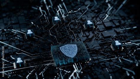 Security Technology Concept With Shield Symbol On A Microchip White Neon Data Flows Between