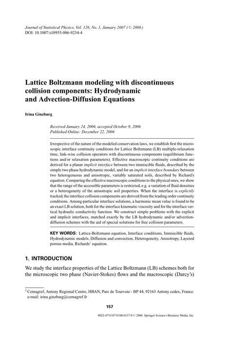 Pdf Lattice Boltzmann Modeling With Discontinuous Collision Components Hydrodynamic And
