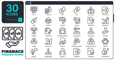 재무 분석 아이콘 집합입니다 30 편집 가능한 획 벡터 그래픽 요소 아이콘 기호 비즈니스 부채 진술 구조 조직 동맹 수익 스톡 일러스트레이션을 포함하는 스톡 일러스트레이션