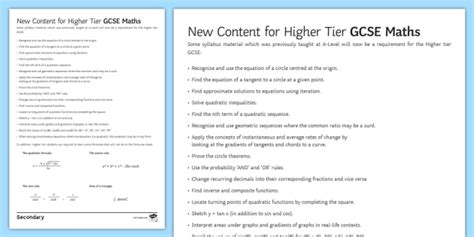 Gcse Maths Higher Tier New Topics Checklist Teacher Made