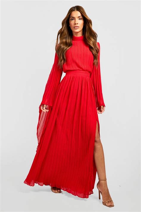 High Neck Pleated Chiffon Maxi Dress Boohoo Uk