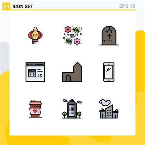 Pack Of 9 Creative Filledline Flat Colors Of Js Develop Death Coding Religion Editable Vector