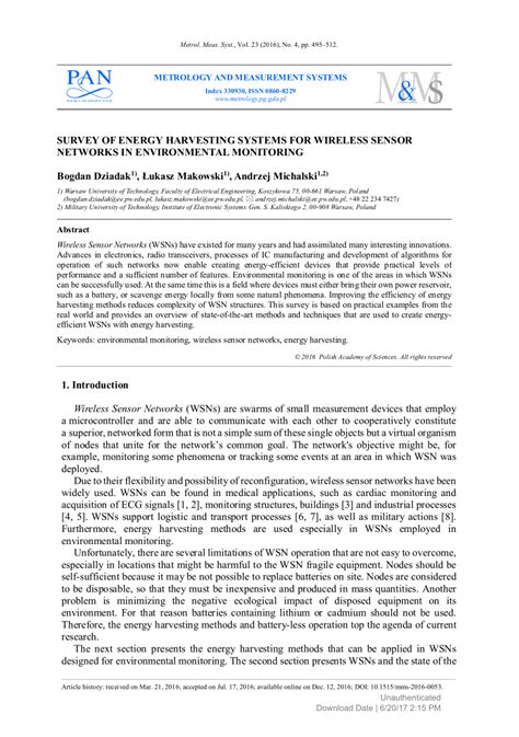 Pdf Survey Of Energy Harvesting Systems For Wireless Sensor Networks In Environmental Monitoring