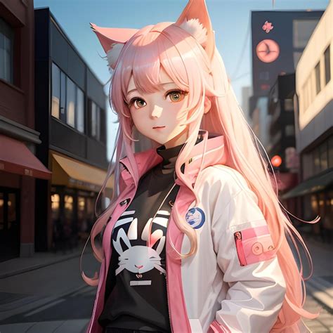 Аниме девушка иллюстрация с кошачьими ушами Премиум Фото