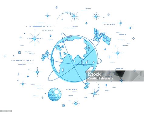 우주의 지구 인공 위성 별 및 기타 원소로 둘러싸인 거대한 우주에서 우리의 행성 글로벌 통신 기술 테마 흰색으로 격리된 얇은 선 3d 벡터 일러스트레이션입니다 0명에 대한