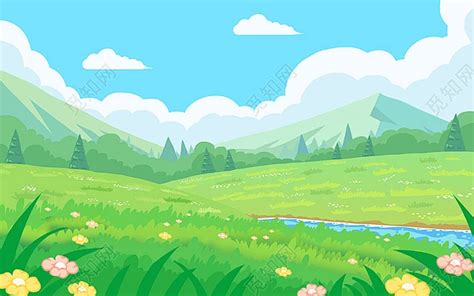 草地场景背景卡通手绘插画户外绿色天空景色风景植物花草蓝天卡通卡通草地插画 花瓣网
