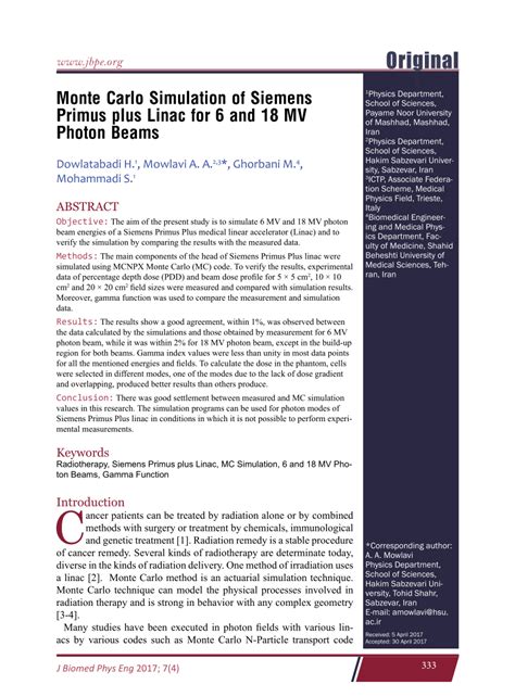 Pdf Monte Carlo Simulation Of Siemens Primus Plus Linac For 6 And 18 Mv Photon Beams