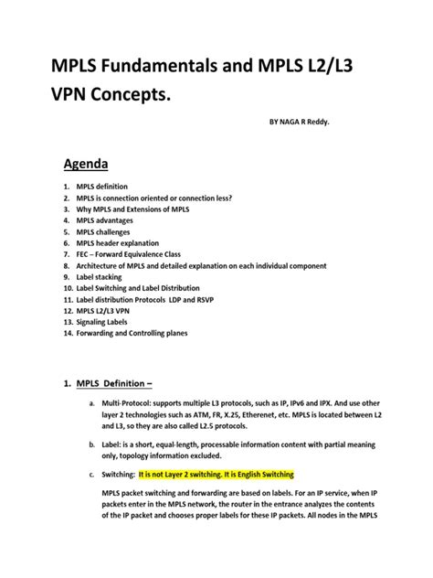 Mpls Fundamentals And Mpls L2 L3 Vpn Concepts Agenda Pdf Multiprotocol Label Switching