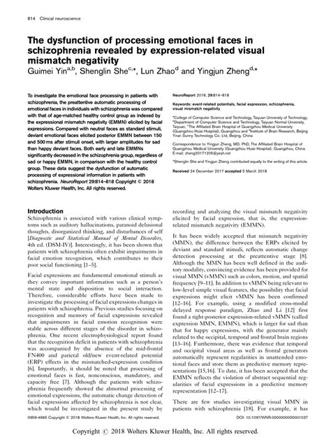 Pdf The Dysfunction Of Processing Emotional Faces In Schizophrenia Revealed By Expression