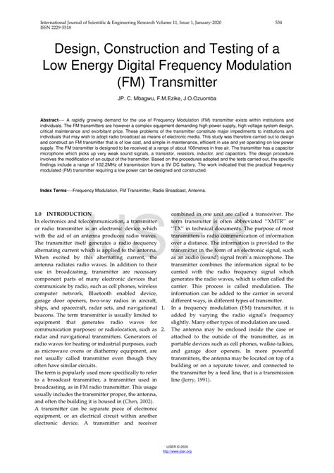 Pdf Design Construction And Testing Of A Low Energy Digital Frequency Modulation Fm Transmitter