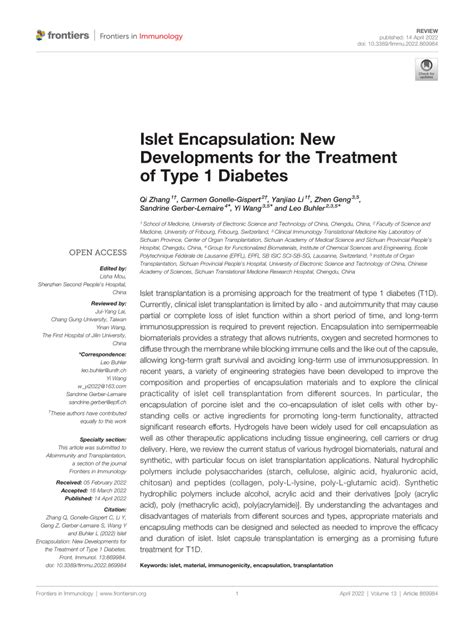 Pdf Islet Encapsulation New Developments For The Treatment Of Type 1