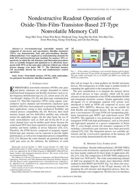 Pdf Nondestructive Readout Operation Of Oxide Thin Film Transistor Based 2t Type Nonvolatile