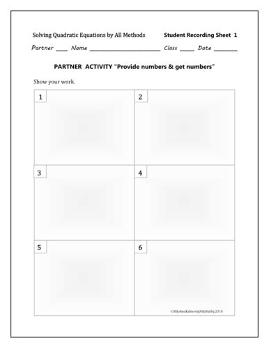 Solving Quadratic Equations Provide And Get Numbers Partner Activity Teaching Resources
