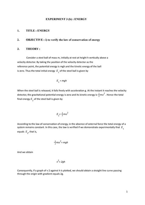 LAB Report Experiment 3 B Energy EXPERIMENT 3 B ENERGY 1 TITLE ENERGY 2 OBJECTIVE I
