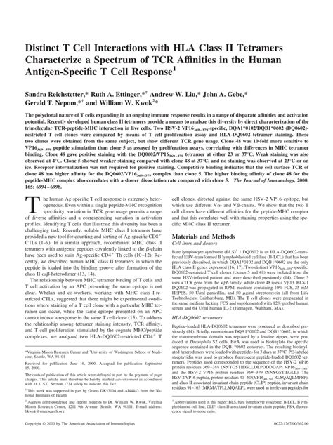 Pdf Distinct T Cell Interactions With Hla Class Ii Tetramers Characterize A Spectrum Of Tcr