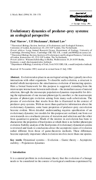 Pdf Evolutionary Dynamics Of Predator Prey Systems An Ecological Perspective