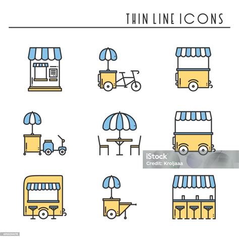 길거리 음식 소매 얇은 라인 아이콘을 설정합니다 식품 트럭 키오스크 트롤리 바퀴 시장 축 사 모바일 카페 상점 텐트 무역 카트 벡터 스타일 선형 아이콘입니다 고립 된