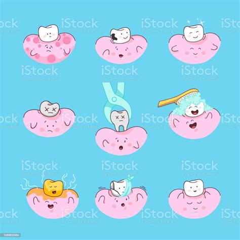 잇 몸 세트와 함께 행복 한 치아입니다 귀여운 치아 문자입니다 치과 인물 벡터 일러스트입니다 구강 위생 이빨 청소입니다 Character Bento에 대한 스톡 벡터 아트