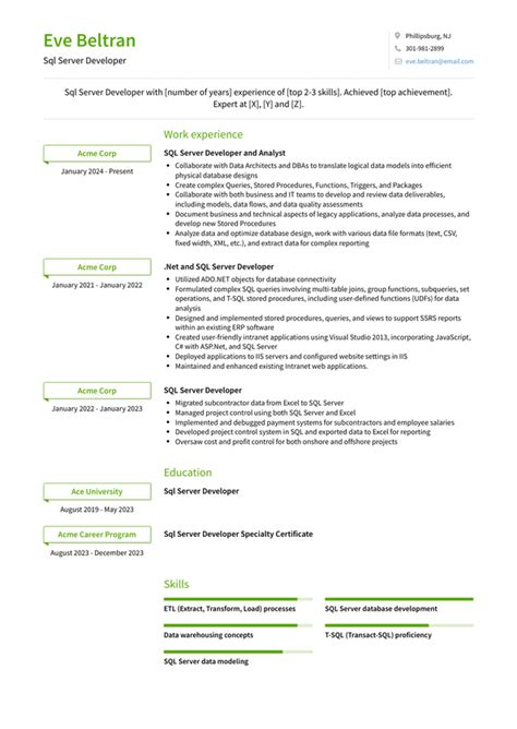 sql server developer resume examples and templates