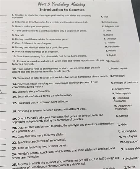 [answered] unit 5 vocabulary matching introduction to genetics 1 kunduz
