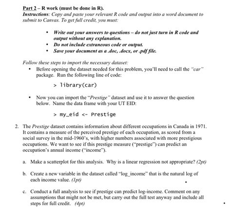 Solved Part 2 R Work Must Be Done In R Instructions