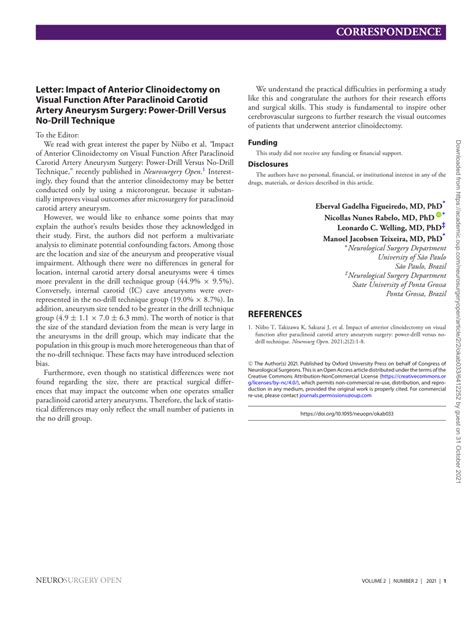 Pdf Letter Impact Of Anterior Clinoidectomy On Visual Function After