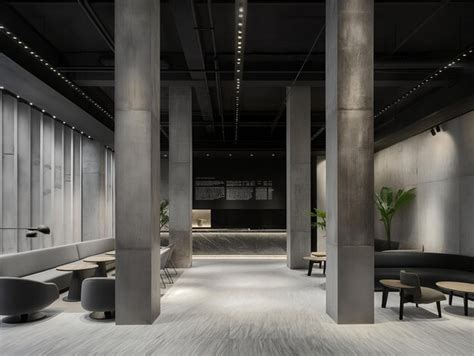 Modern Minimalist Lobby Interior With Concrete Columns Gray Furniture
