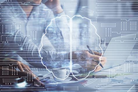 함께 일하는 남자와 여자의 이중 노출과 뇌 그리기 홀로그램 지적 브레인 스토밍 개념 컴퓨터 배경입니다 가상현실에 대한 스톡 사진