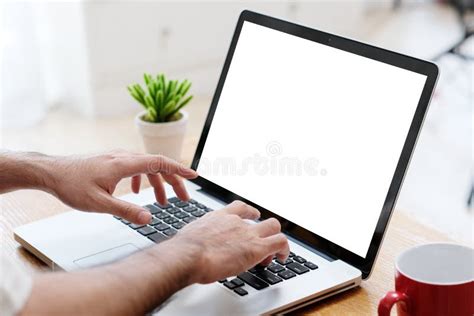 A Woman Uses An Empty Laptop Screen In A Room On A Black Sofa Stock Image Image Of Laptop