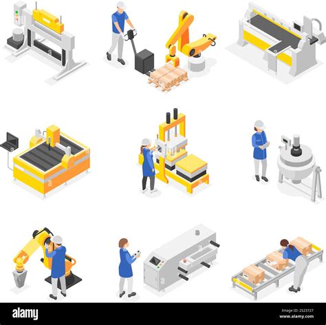 Isometric Factory Workers People In Uniform Working With Technology