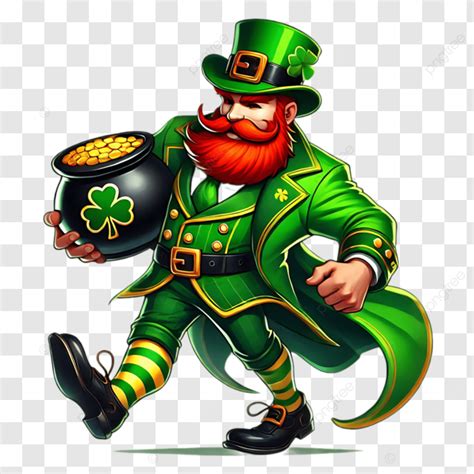 금 냄비를 들고 있는 레프리콘 만화 이미지 금 단지를 들고 웃고 있는 레프리콘 금항아리를 들고 있는 아일랜드 레프리콘 금 냄비 Png 일러스트 및 이미지 에 대한 무료