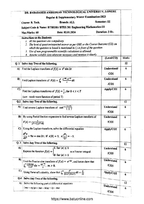 Btech 3 Sem Engineering Mathematics 3 Btbs301 Jan 2024 Dr Babasaheb