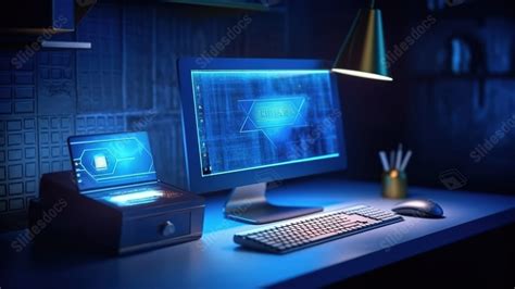 Sleek And Inviting Workspace Design With 3d Rendered Desktop Computer Mockup Powerpoint