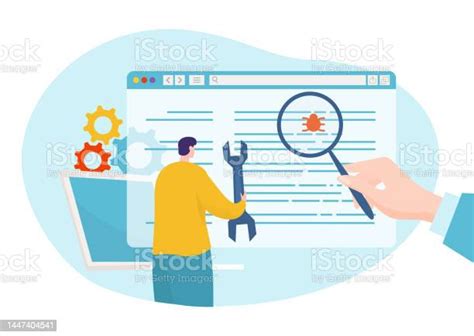 화면 기술 벡터 일러스트레이션 컴퓨터 인터페이스 프로그램을 사용한 플랫 맨 캐릭터 작업 랩톱에서 디지털 개발의 코드 검토 개념에 대한 스톡 벡터 아트 및 기타 이미지