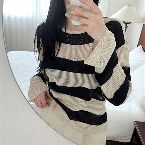 [살탐방지 장마룩] 린넨 단가라 여름 긴팔 니트 에이블리