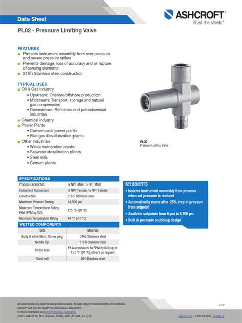 Datasheet Pressure Limiting Valve Pl02 Pdf Valve Industrial Processes