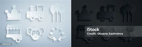 원숭이 리본이 달린 풍선 패스트 스트리트 푸드 카트 저글링 공 장난감 기차 광대 모자 종 아이콘을 설정합니다 벡터 3차원 형태에