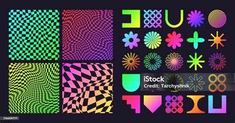 브루탈리스트 기하학적 모양 네온 모던 심볼 그루비한 체크 무늬 패턴 왜곡 된 바둑판 무늬 그리드 간단한 요소 형태 레트로 디자인 트렌디한 컨템포러리 미니멀리스트 스타일