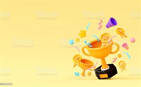3d 렌더링 파스텔 배경에 황금 트로피 챔피언 컵 우승자 컵 비즈니스 개념 만화 스타일의 축하 수상 챔피언 보상 상 1에 대한