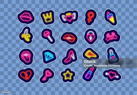 팝 아트 네온 스티커 컬렉션 여성 입술과 롤리팝 바나나와 심장 복고풍 디자인 표지판 벡터 일러스트 레이 션 네온에 대한 스톡