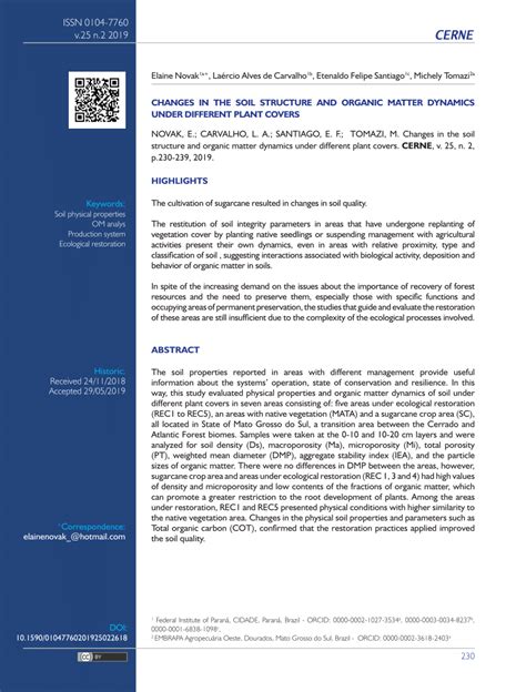 PDF CHANGES IN THE SOIL STRUCTURE AND ORGANIC MATTER DYNAMICS UNDER DIFFERENT PLANT COVERS