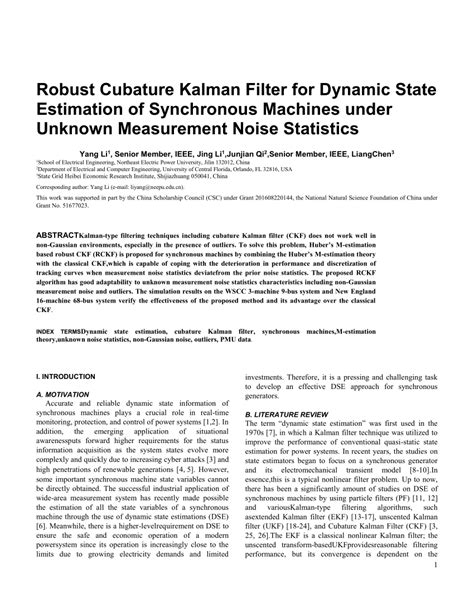 Pdf Robust Cubature Kalman Filter For Dynamic State Estimation Of Synchronous Machines Under