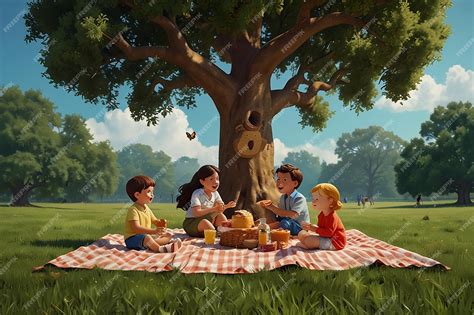Premium Photo Cartoon Characters Picnic Fun Under The Oak Tree