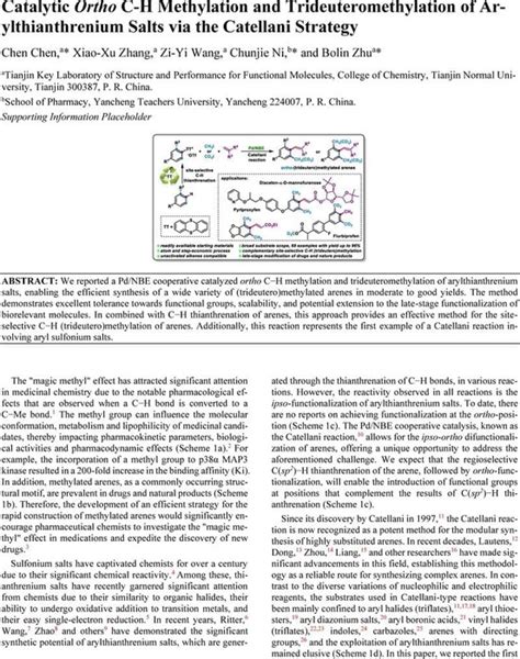 Catalytic Ortho C H Methylation And Trideuteromethylation Of Ar Ylthianthrenium Salts Via The