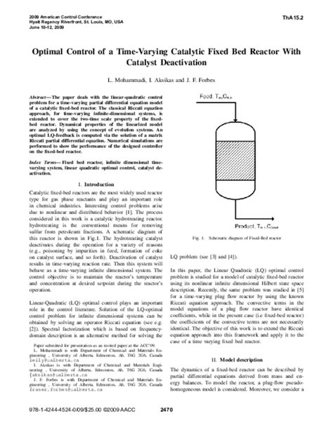 Pdf Optimal Control Of A Time Varying Catalytic Fixed Bed Reactor With Catalyst Deactivation