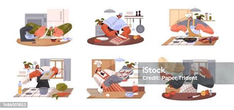 요리사 요리 세트입니다 주방에서 전문 요리 작업 음식 준비 요리 조리 과정 피자 고기 패스트리를 준비하는 사람들 흰색 배경에 분리된 평면 그래픽 벡터 삽화 요리사에 대한