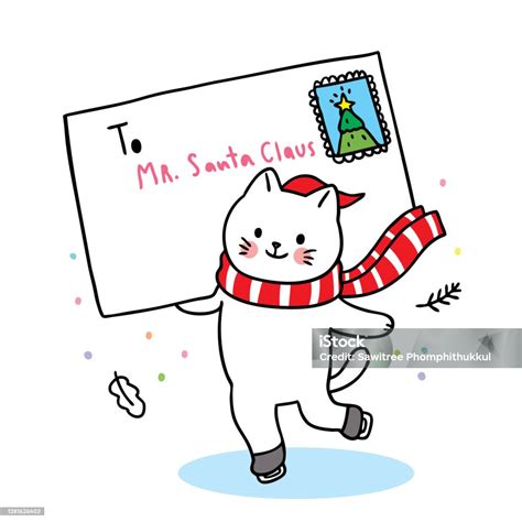 손 은 만화 귀여운 메리 크리스마스 고양이와 큰 문자 벡터를 그립니다 0명에 대한 스톡 벡터 아트 및 기타 이미지 0명