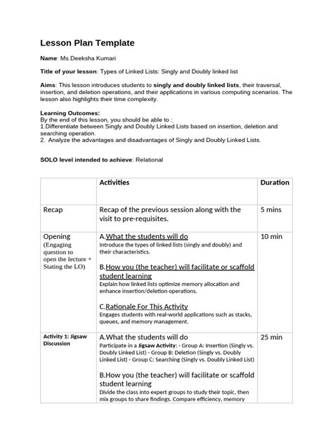 Types Of Linked List Singly Vs Doubly Linked List Lesson Plan Pdf