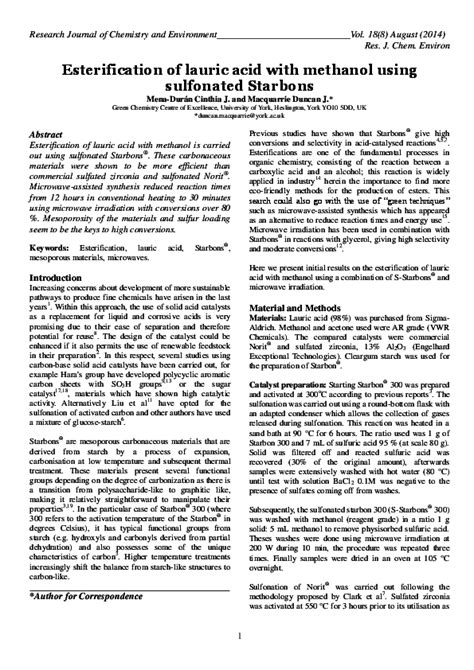 Pdf Esterification Of Lauric Acid With Methanol Using Sulfonated Starbons