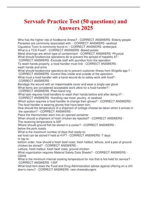 Servsafe Practice Test 50 Questions And Answers 2025 Servsafe